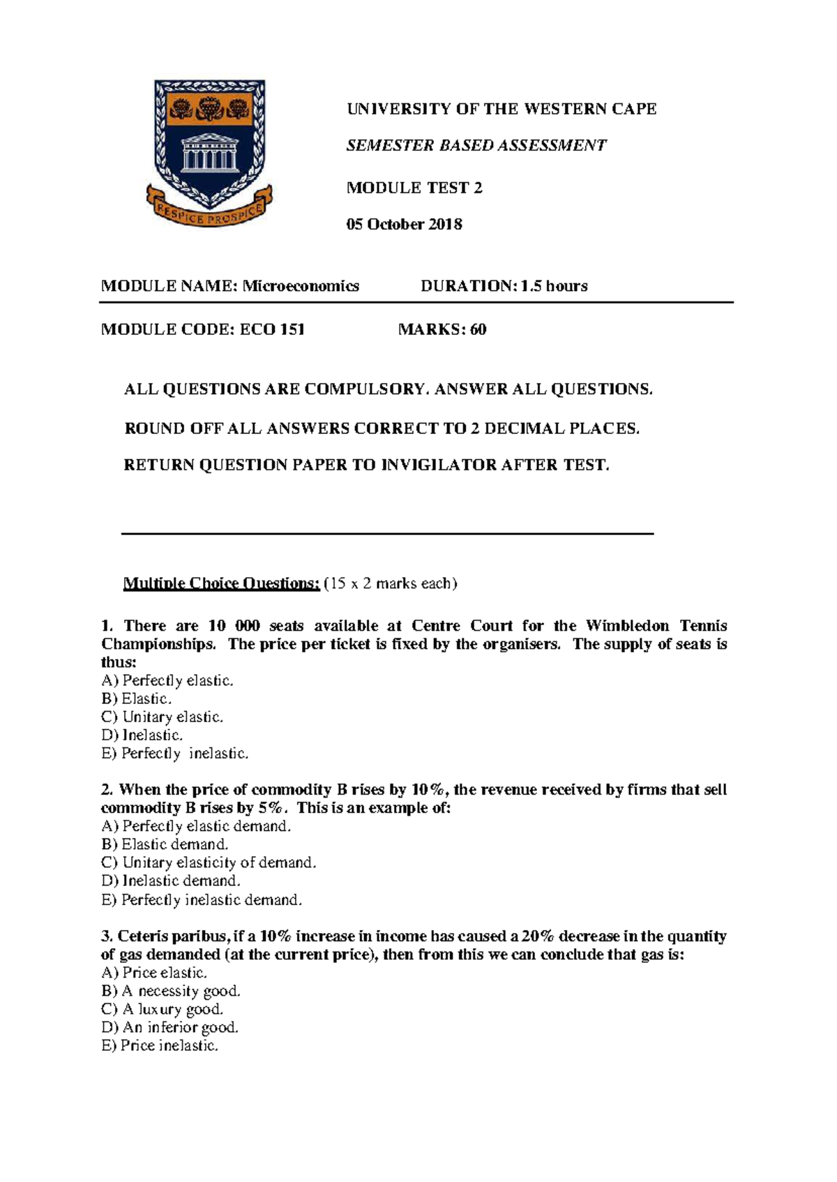 ECO151-2018-10-05 Module Test 2 - UNIVERSITY OF THE WESTERN CAPE ...