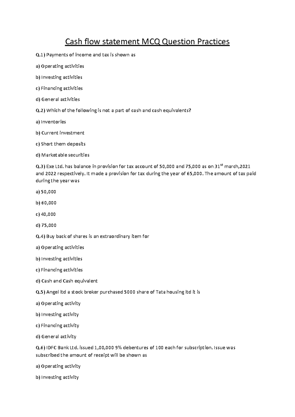 Cash Flow Statement MCQ Practices for CUET Exam - Studocu