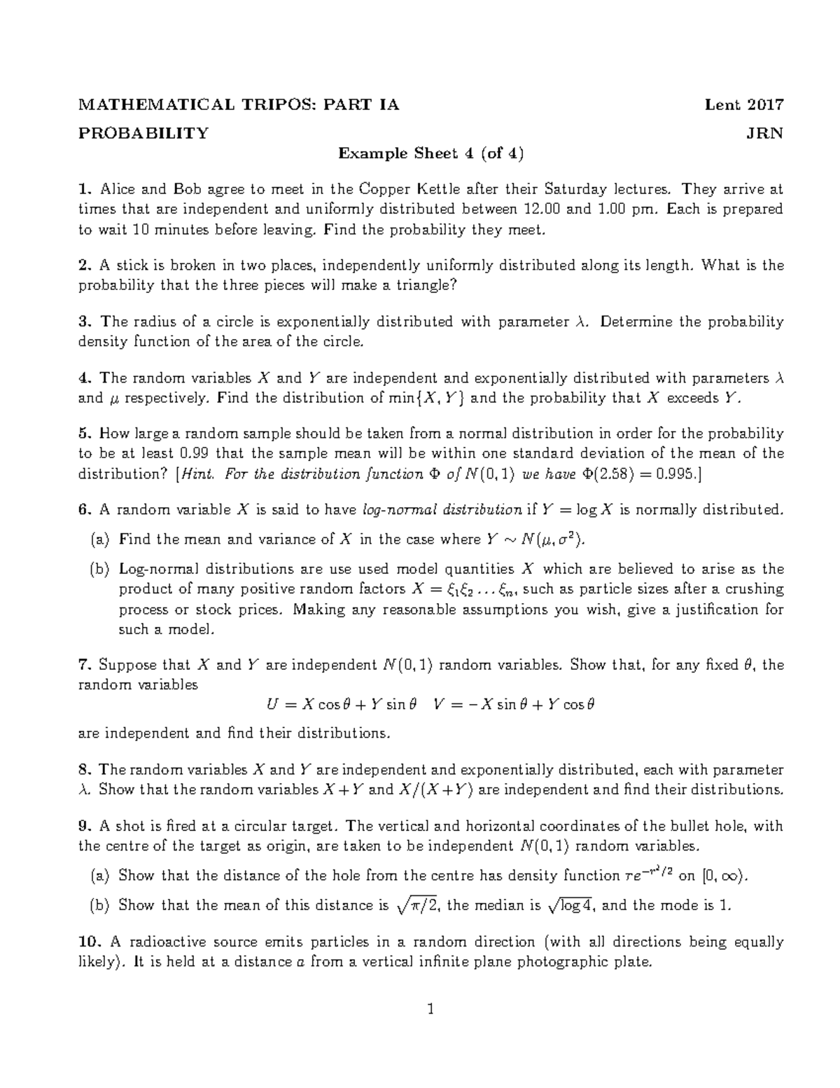 Probability 2016-2017 Example Sheet 4 - MATHEMATICAL TRIPOS: PART IA ...