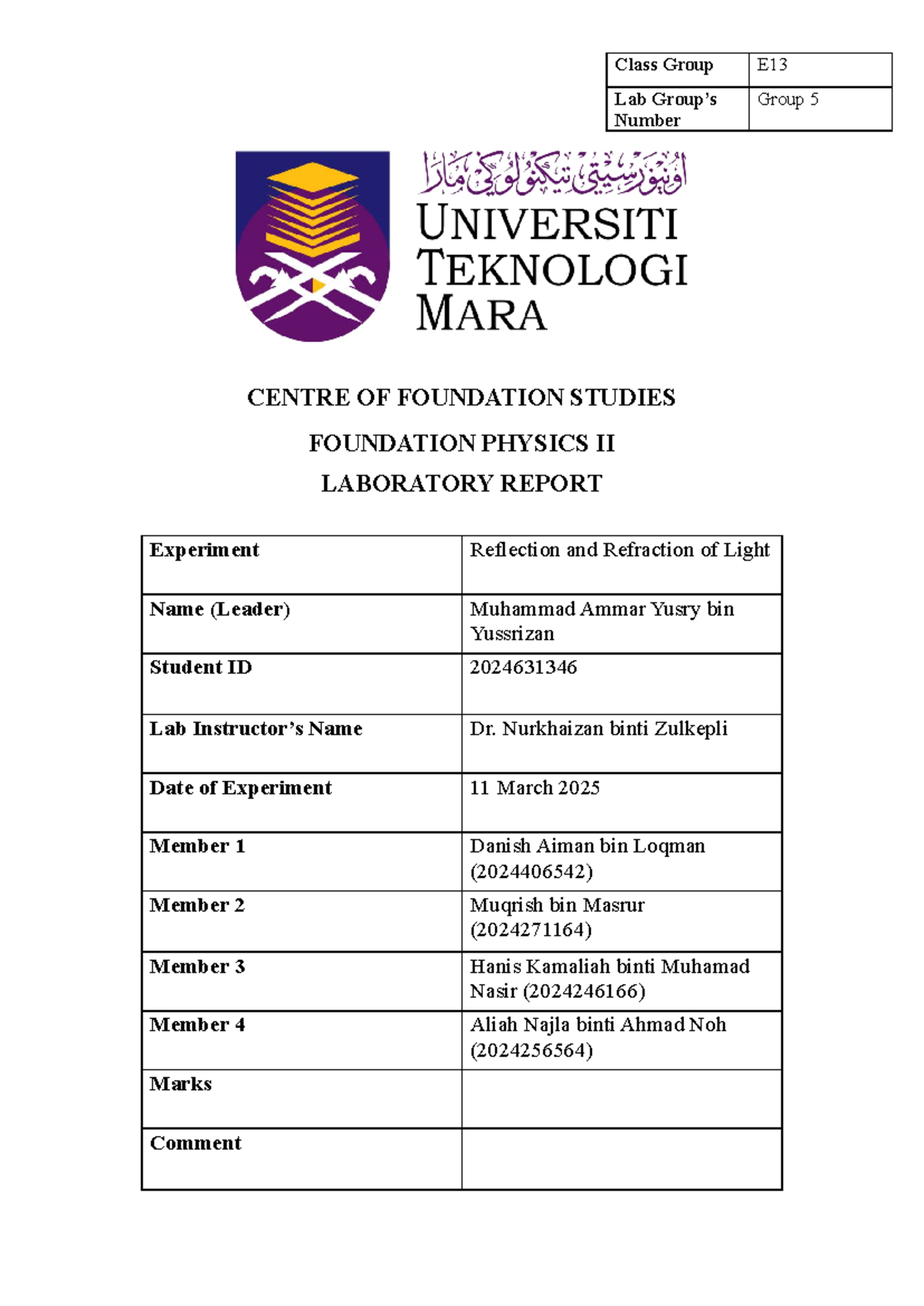 Foundation Physics II Lab Report: Reflection & Refraction (PHY098) - Studocu