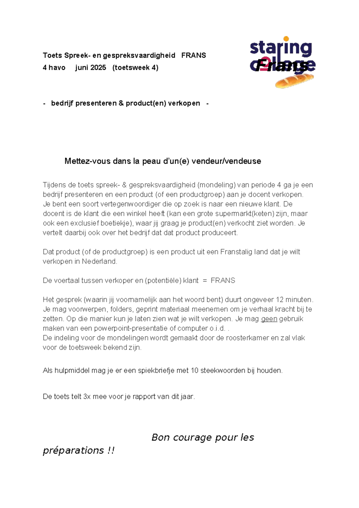 Mondeling Toets Uitleg FRANS 4 Havo Periode 4 Juni 2025 - Studeersnel