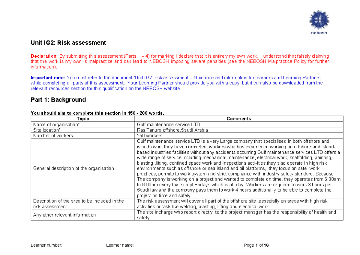 Unit IG2: Comprehensive Risk Assessment for Gulf Maintenance Services ...