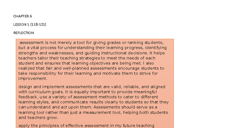 CHAPTER 6 LESSON 1 REFLECTION ON ASSESSMENT STRATEGIES - Studocu