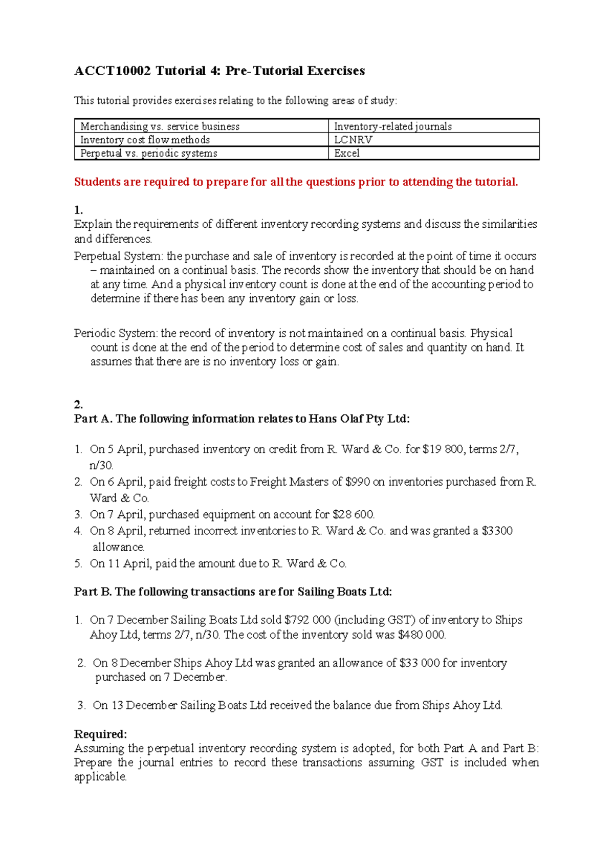ACCT10002 Tutorial 4: Pre-Tutorial Exercises on Inventory Systems - Studocu