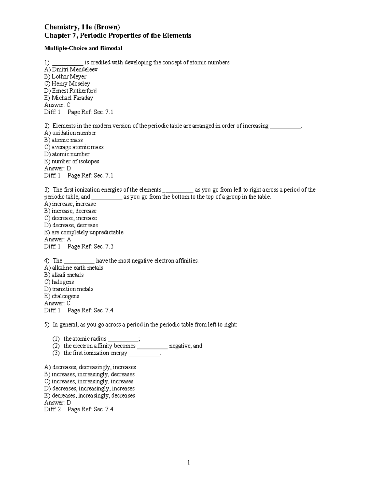 Chemistry 11e (Brown) Chapter 7: Periodic Properties of Elements - Studocu