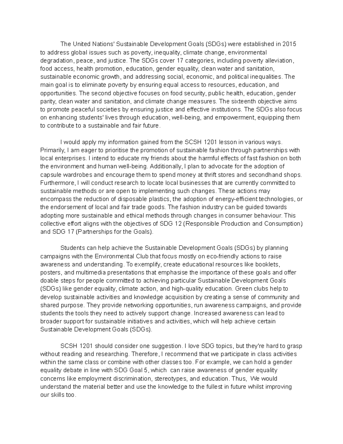 SCSH 1201 Reflective Essay on Sustainable Development Goals (SDGs ...