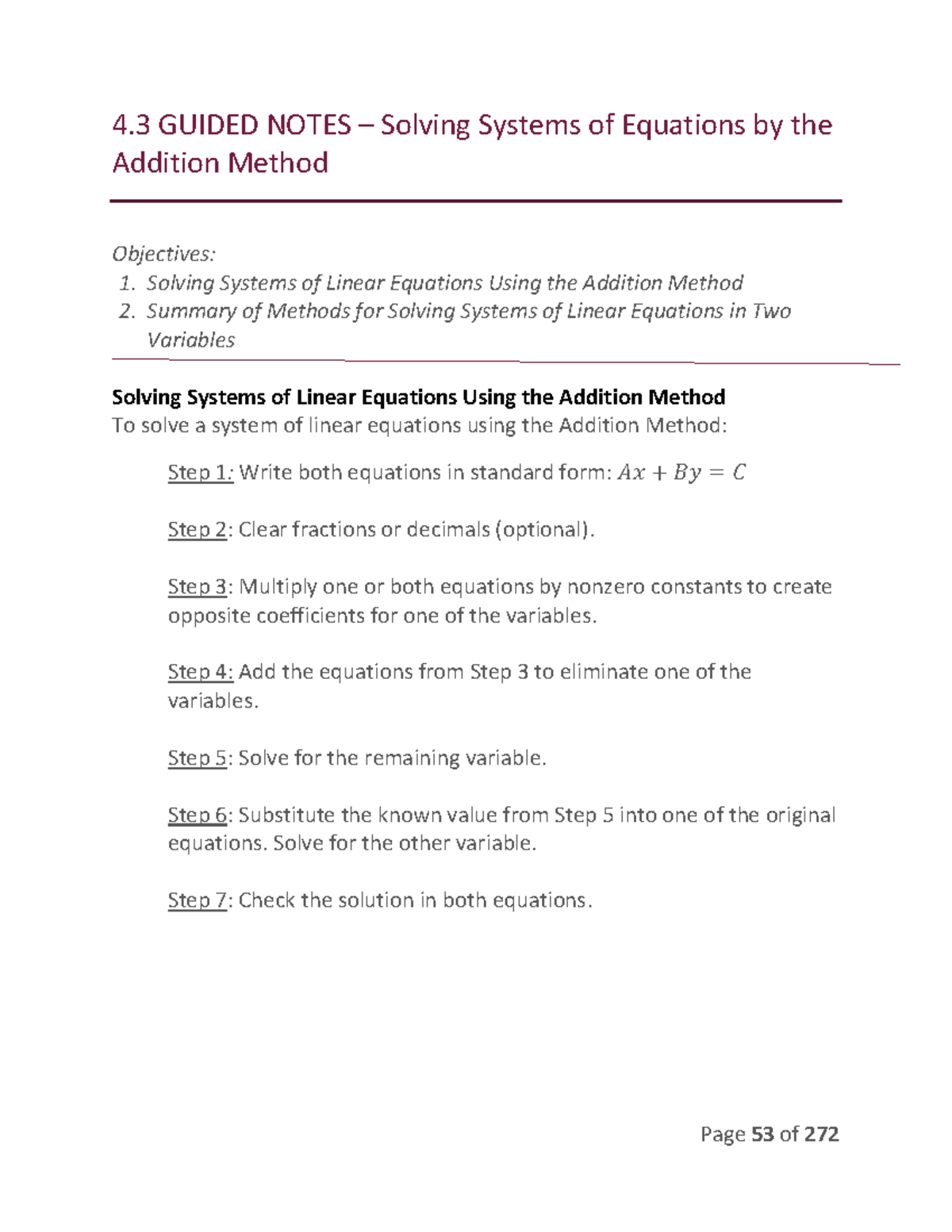 4.3 Guided Notes: Solving Systems of Equations via Addition Method ...