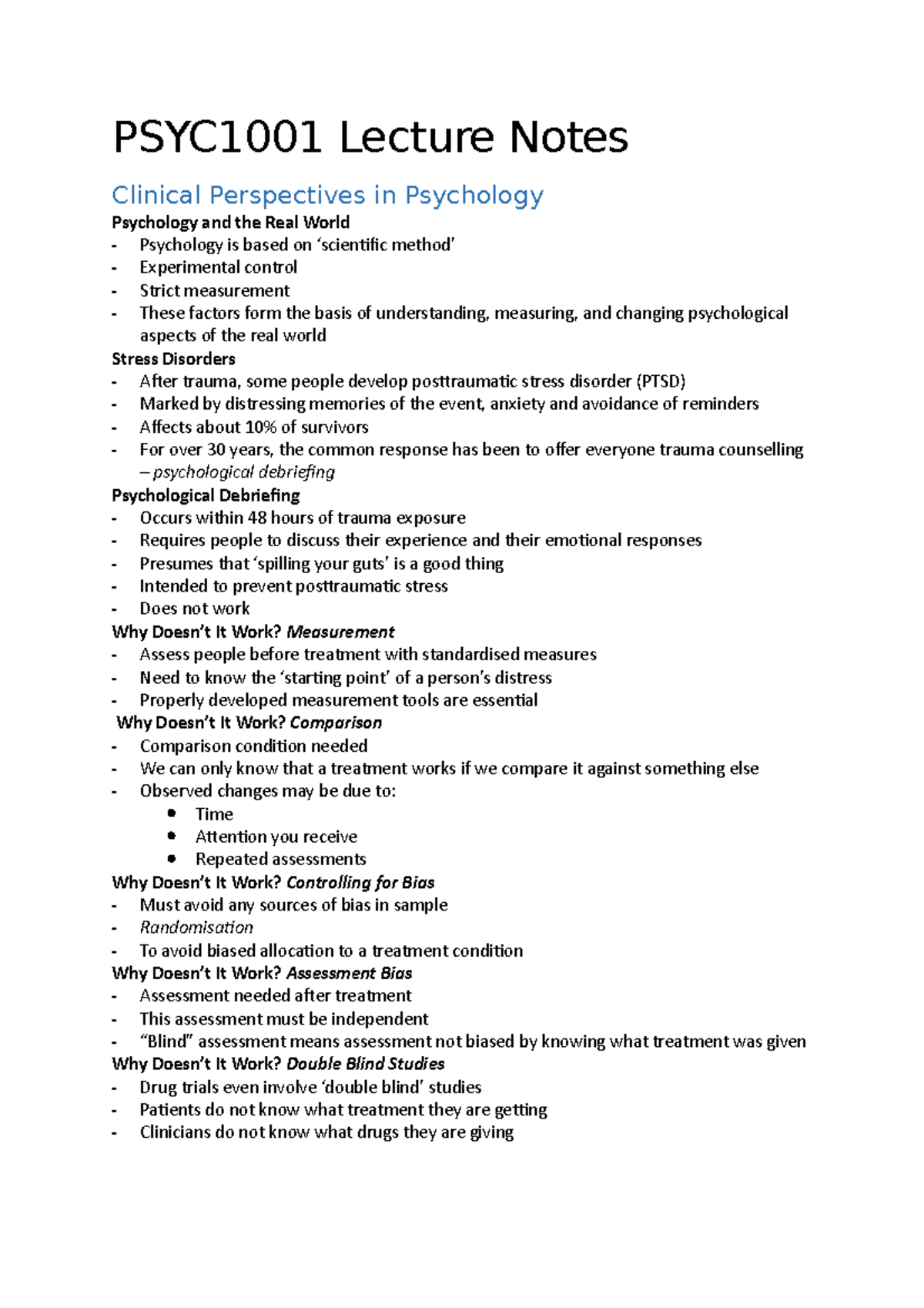 PSYC1001 Lecture Notes: Key Concepts in Clinical Psychology - Studocu