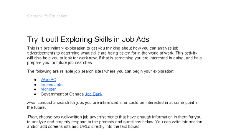EDU 101: Activity on Analyzing Skills in Job Advertisements - Studocu