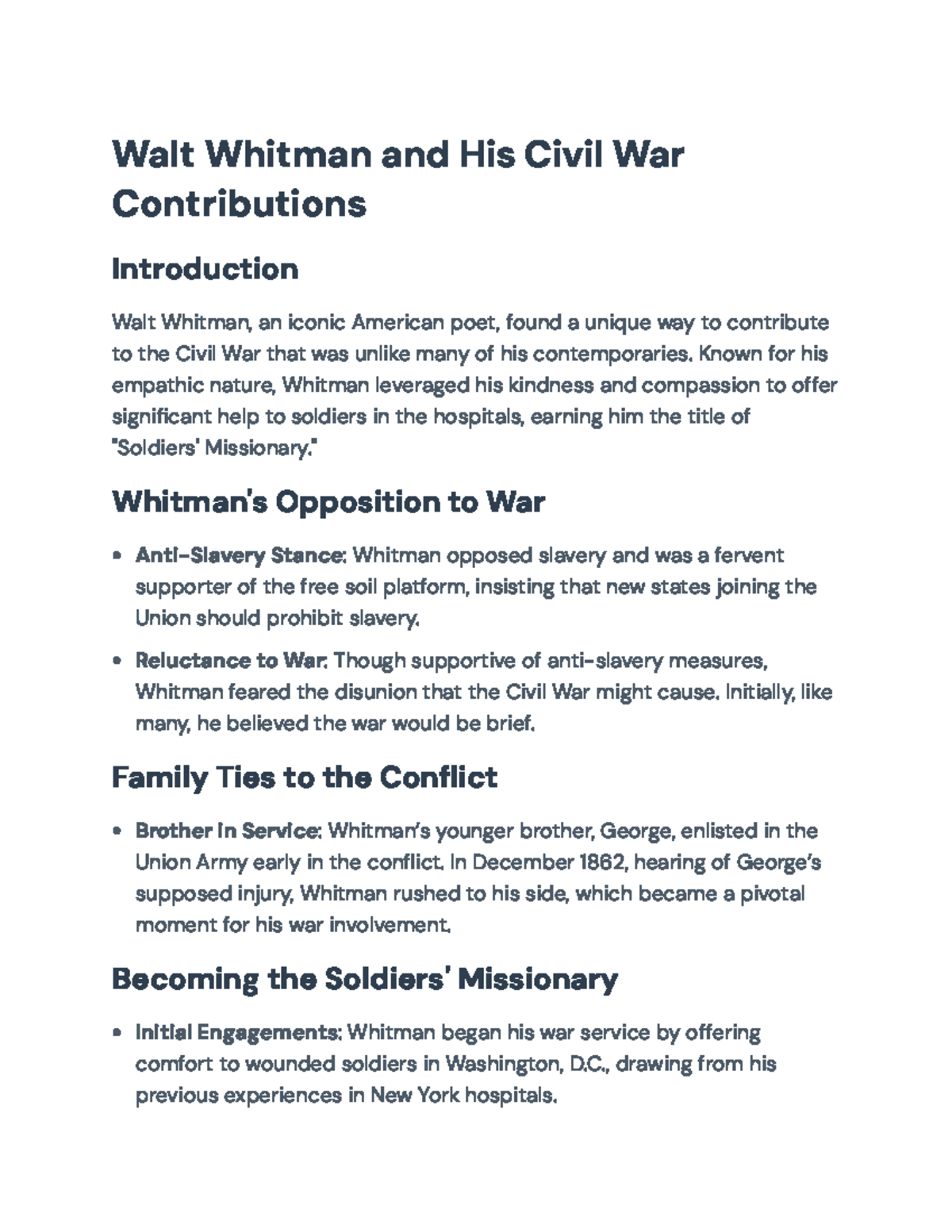 Walt Whitman's Role as a Soldiers' Missionary During the Civil War ...