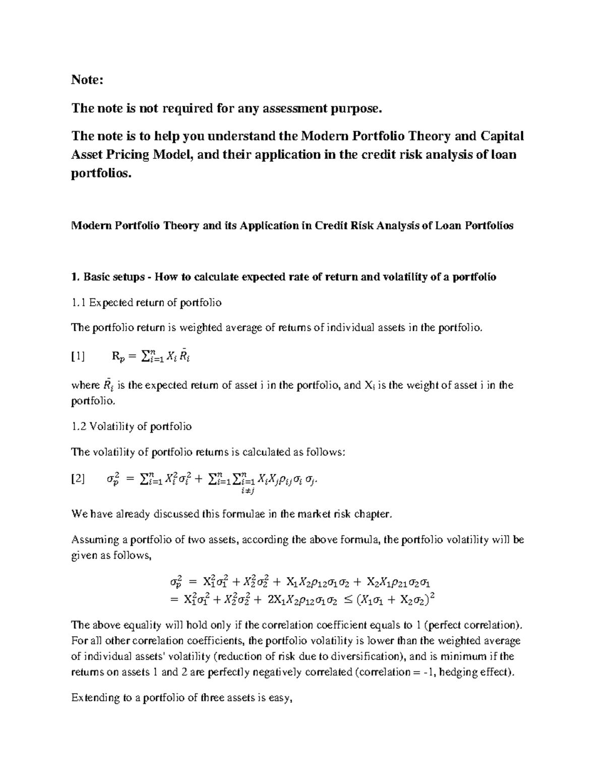 Modern Portfolio Theory & CAPM in Credit Risk Analysis (CR II) - Studocu