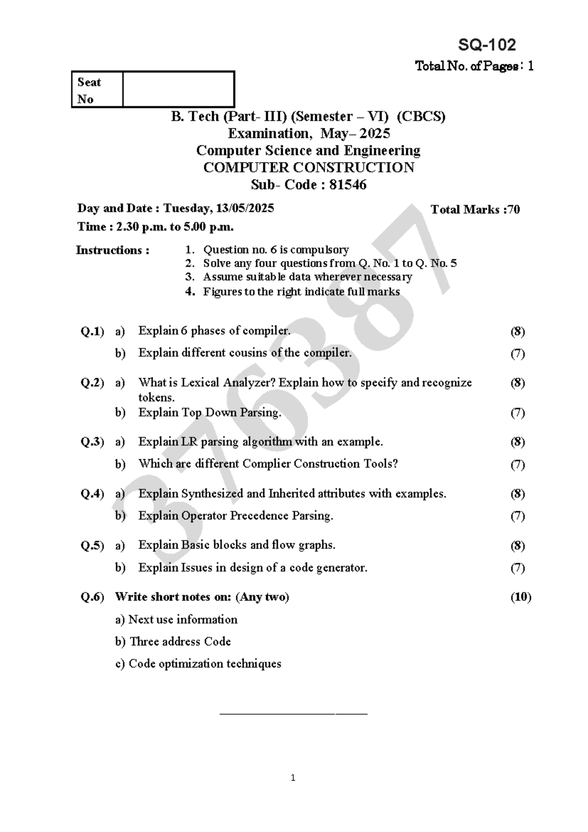Compiler Construction Exam Notes - B. Tech (Sem VI) 81546 - Studocu