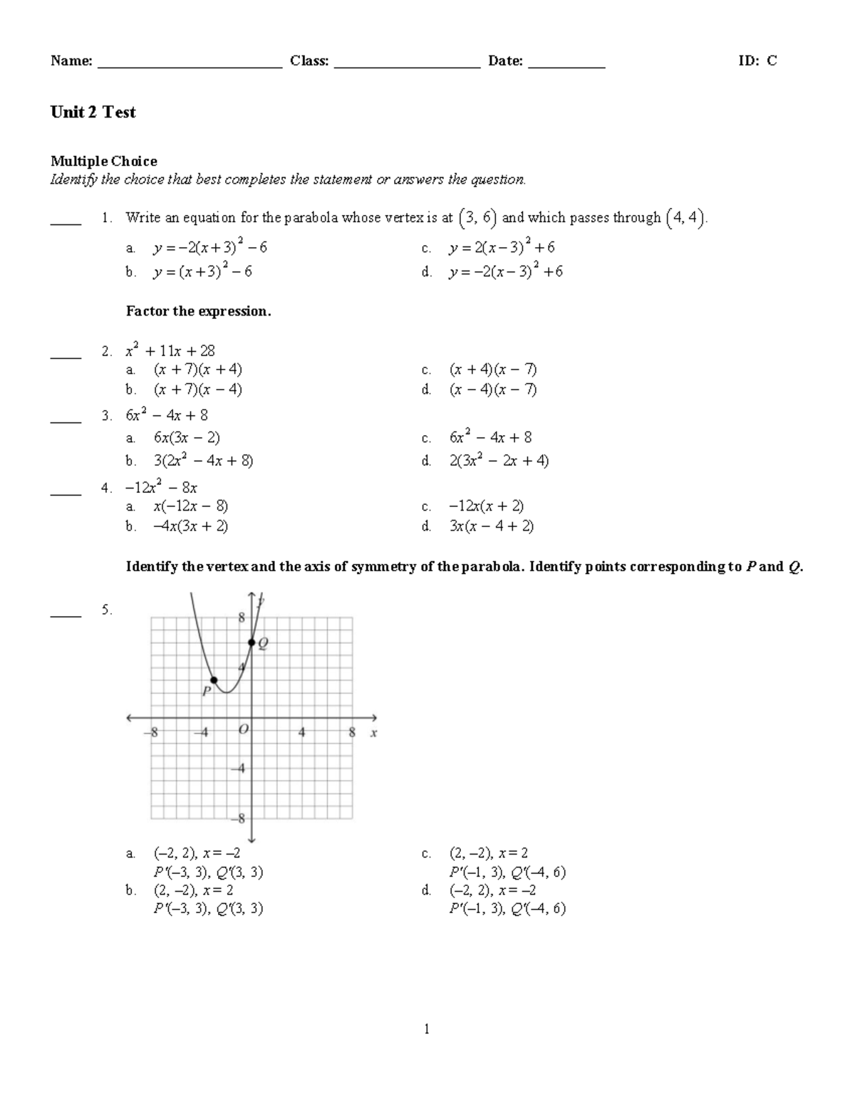 Unit 2 Test: Quadratics Review and Multiple Choice Questions - Studocu