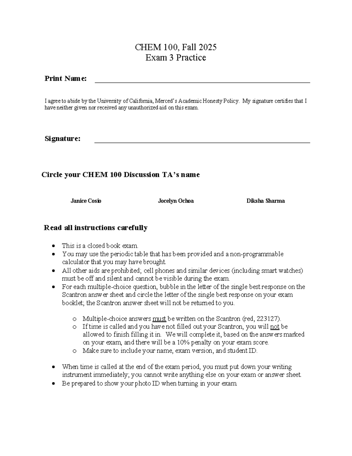 CHEM 100 Exam 3 Practice Guide - Fall 2025 - Studocu