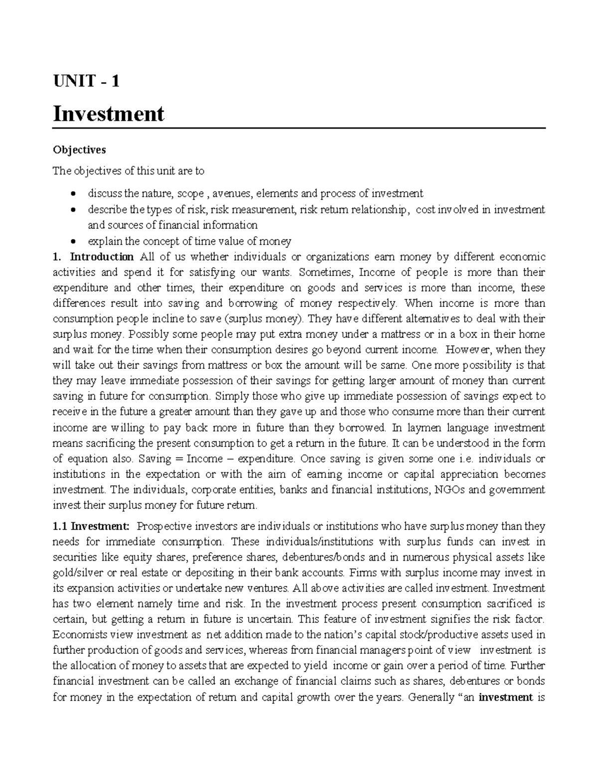 Unit 1 - Investment management - UNIT - 1 Investment Objectives The ...
