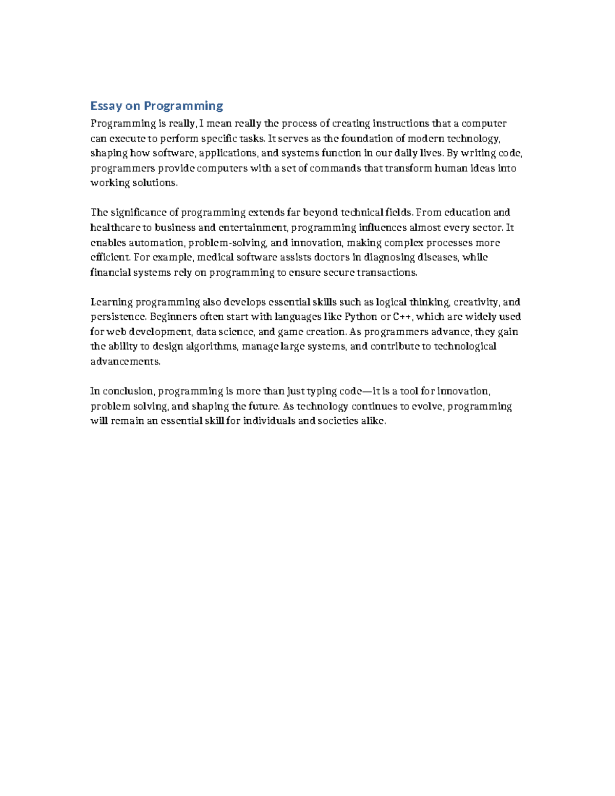 Essay on Programming: The Key to Innovation and Technology - Studocu