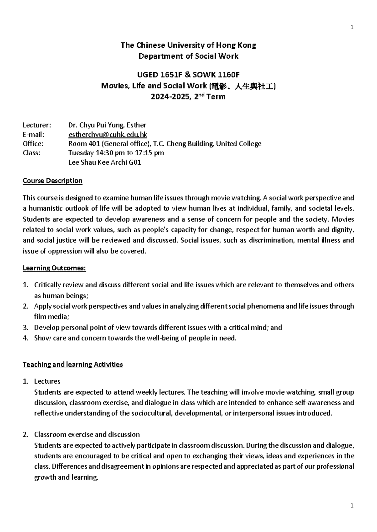 SOWK 1160F 2024: Movies and Social Work - Course Outline and Assessment ...