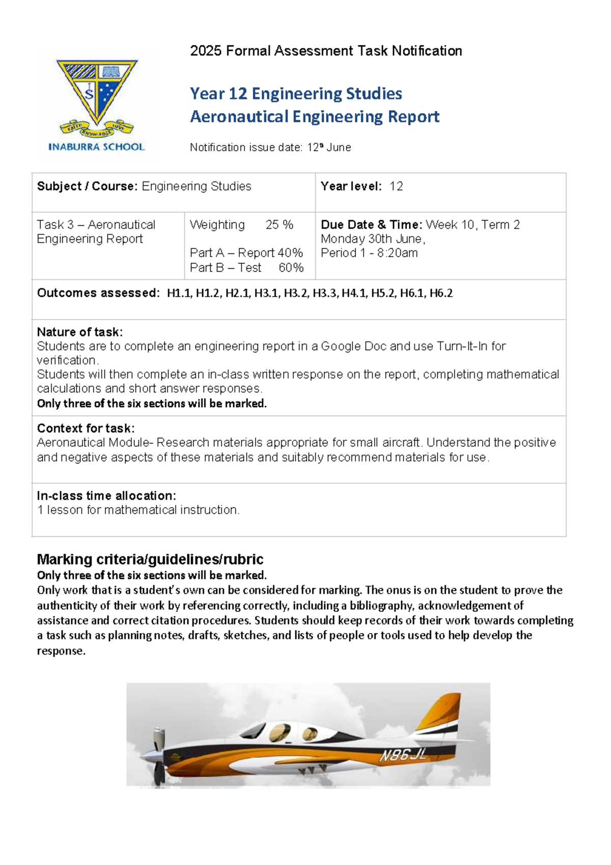 2025 Yr 12 Engineering Studies Task 3: Aeronautical Engineering Report ...