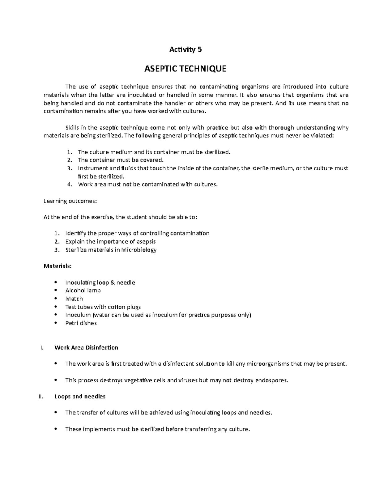 Activity 5 Aseptic Technique - Activity 5 ASEPTIC TECHNIQUE The use of ...