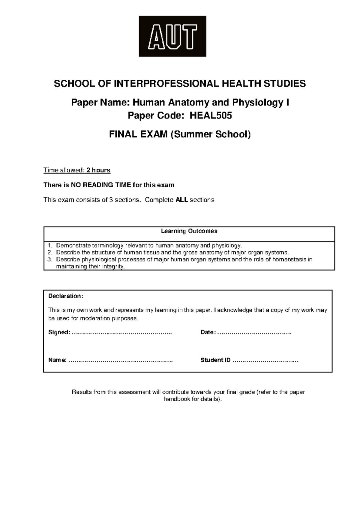 Final Exam HEAL: Human Anatomy & Physiology I - Summer School 2017 ...