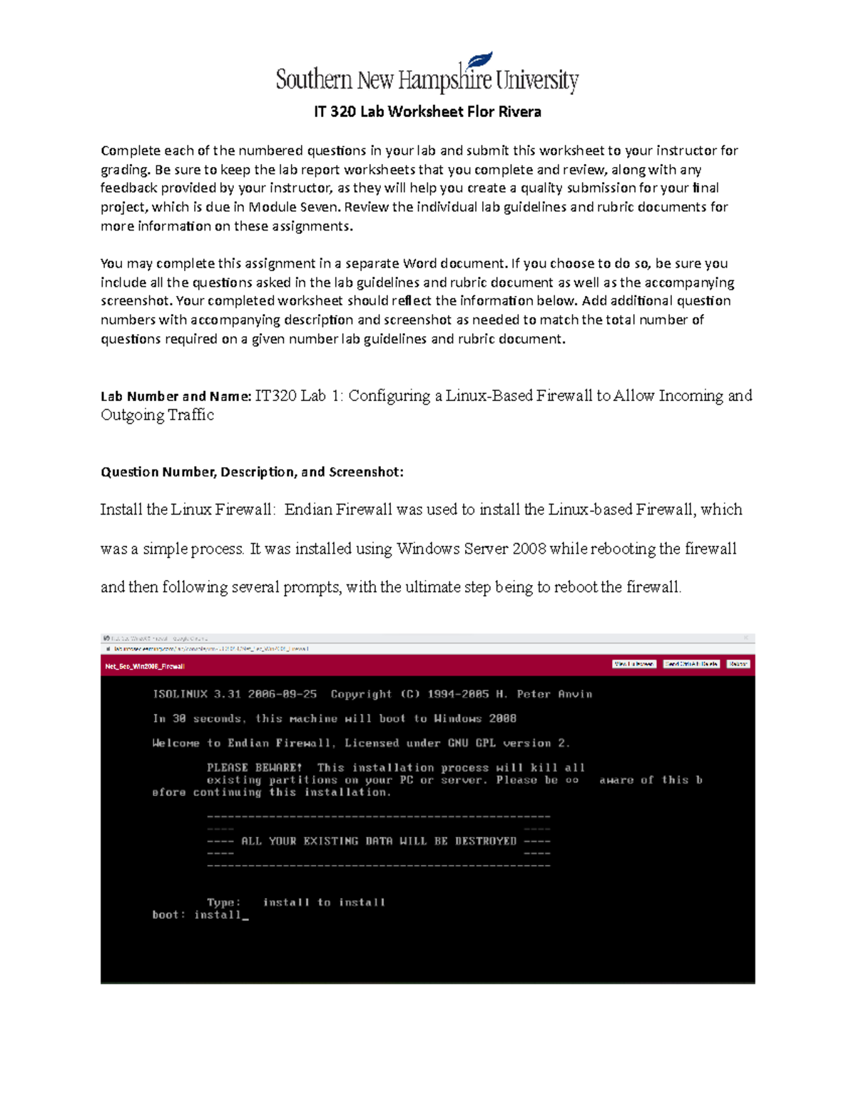 IT 320 Lab Worksheet Template FR1 - IT 320 Lab Worksheet Flor Rivera ...