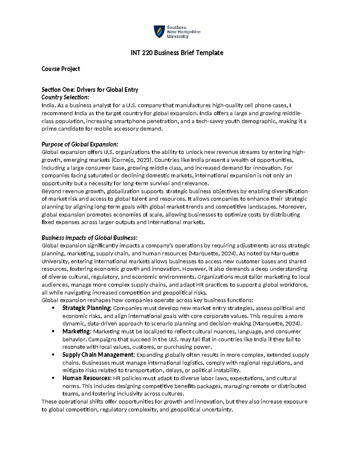 INT 220 Business Brief Template: Global Entry Strategy for India - Studocu