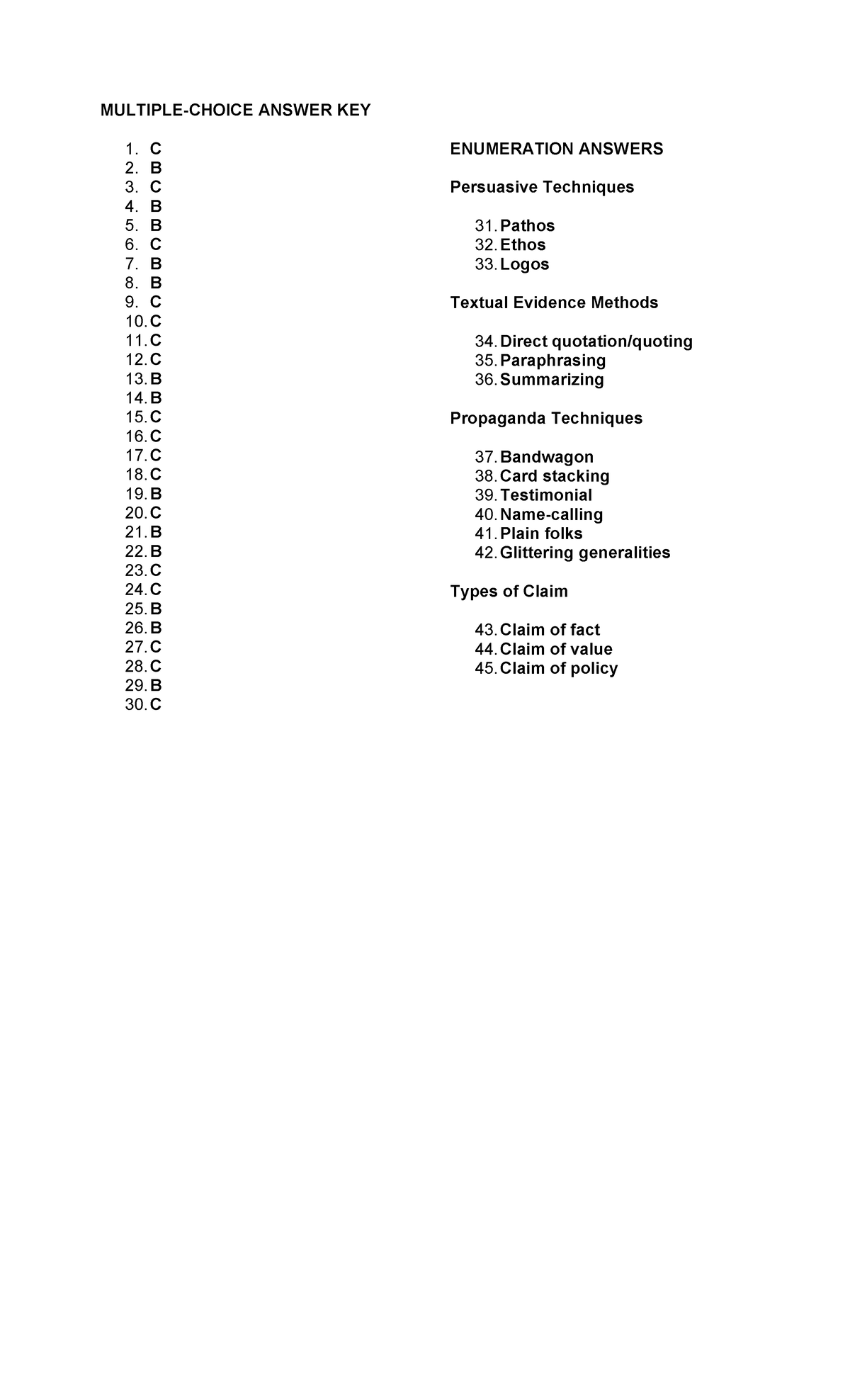 ENG 101: Answer Key for Quiz 6 - Persuasive Techniques & Claims - Studocu