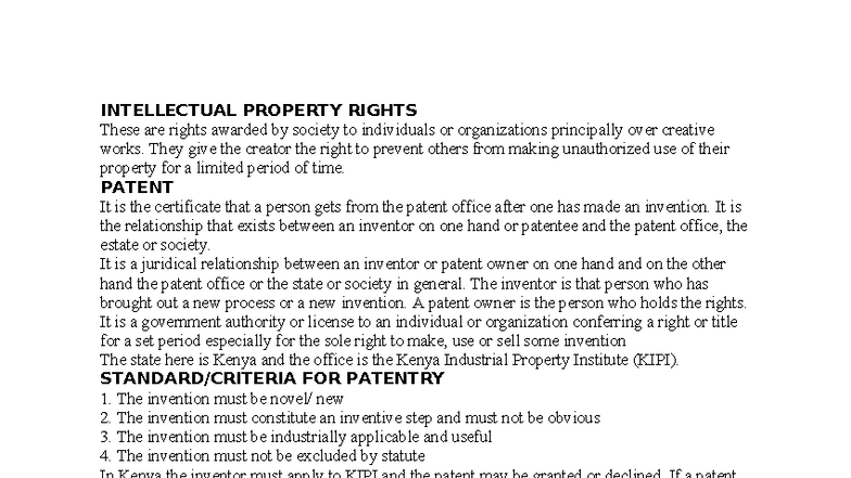 INT 101: Overview of Intellectual Property Rights and Patents - Studocu