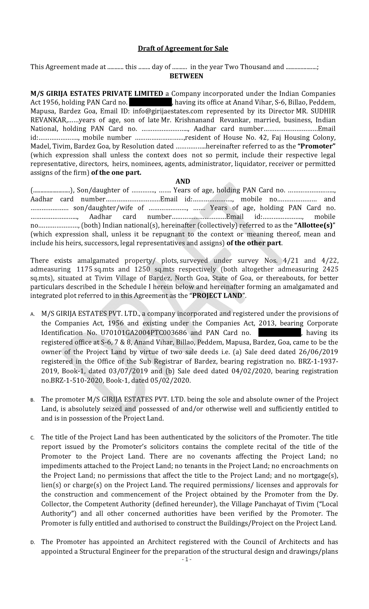Draft Model Agreement for Sale of Girija Greens - PAN Masking - Studocu