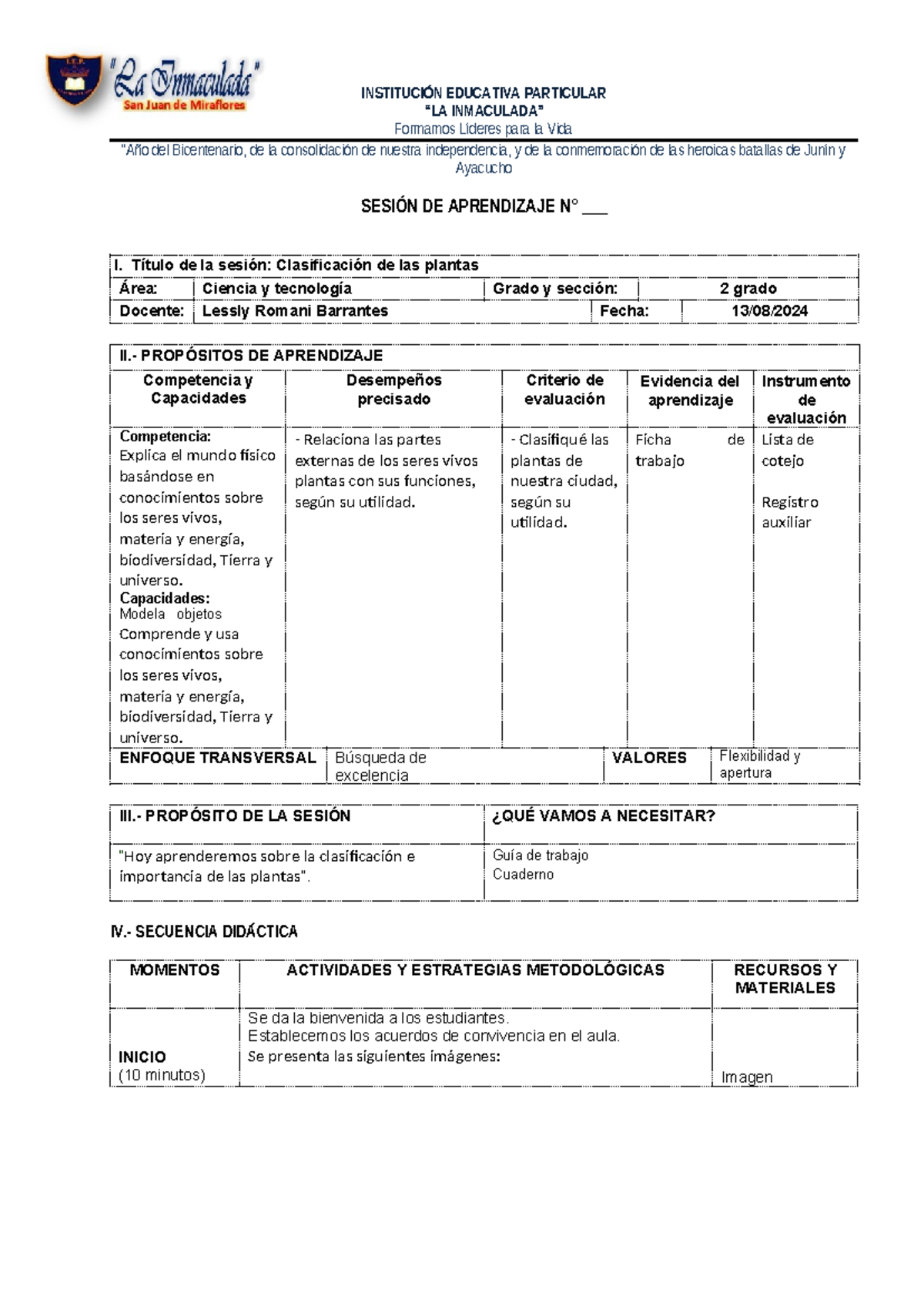Sesión de aprendizaje I: Clasificación de las plantas - 2° grado - Studocu