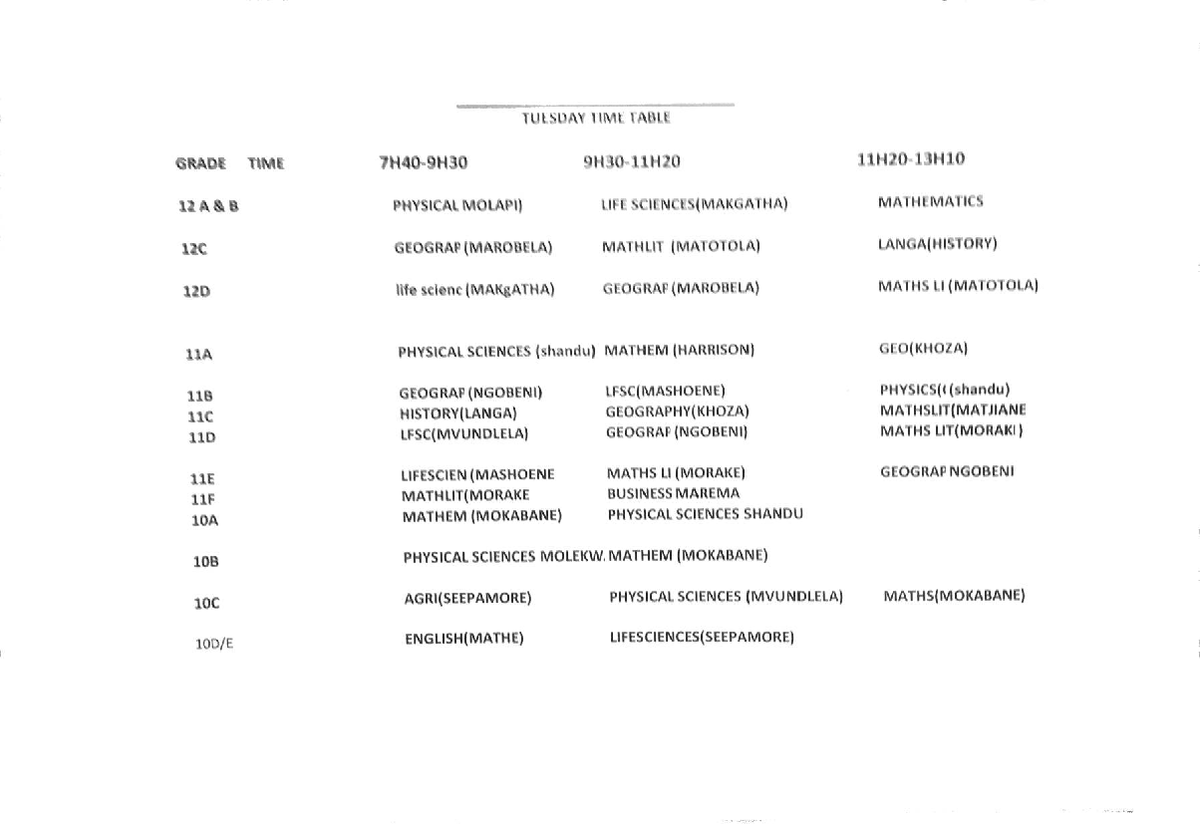 2025-03-31 13-40 - Notes for grade 11 students - TUESDAY TIME TABLE ...