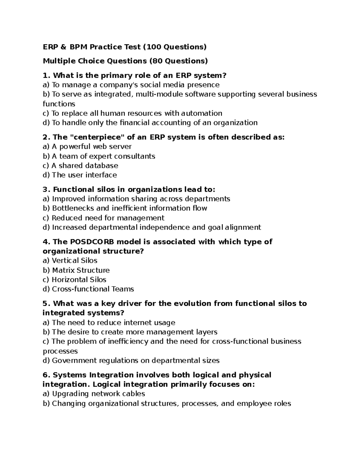 ERP 4015 Practice Test: 100 MCQs on ERP & BPM Concepts - Studocu