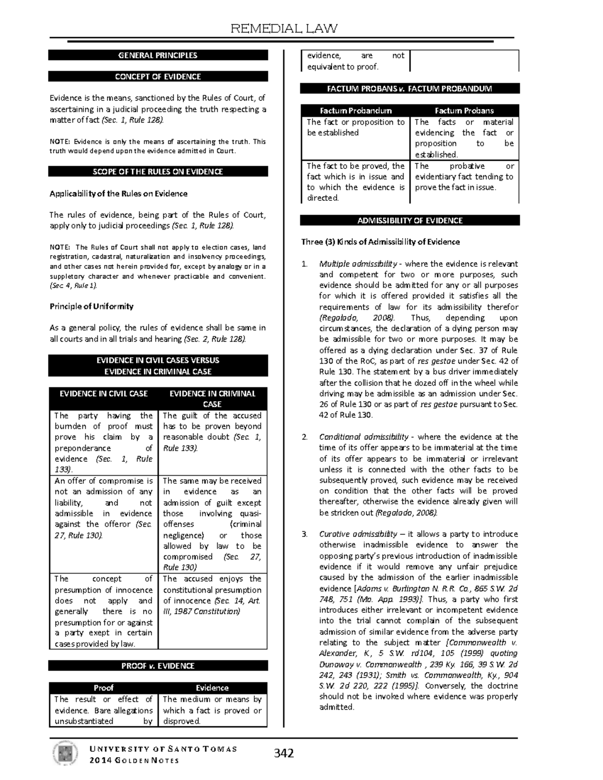 UST REMEDIAL LAW 342: Evidence Concepts and Admissibility Notes - Studocu