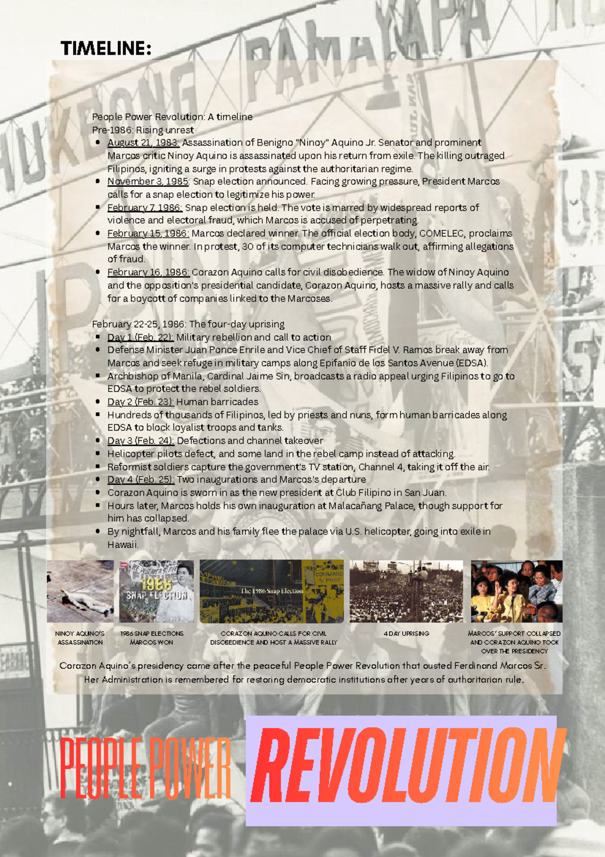 People Power Revolution Timeline: Key Events (1983-1986) - Studocu