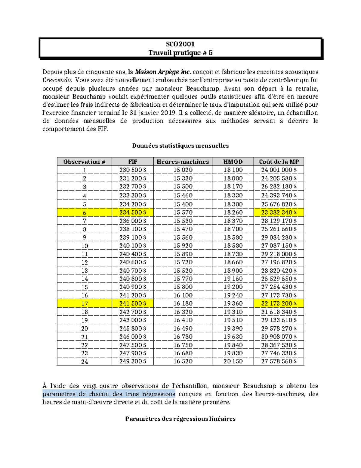 SCO2001 Travail Pratique 5: Analyse des Coûts et Régressions - Studocu