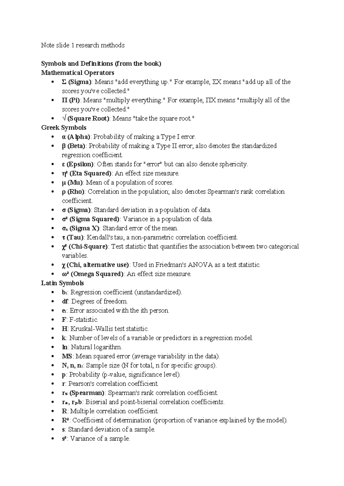 Lecture Notes on Research Methods: Symbols and Statistical Analysis ...