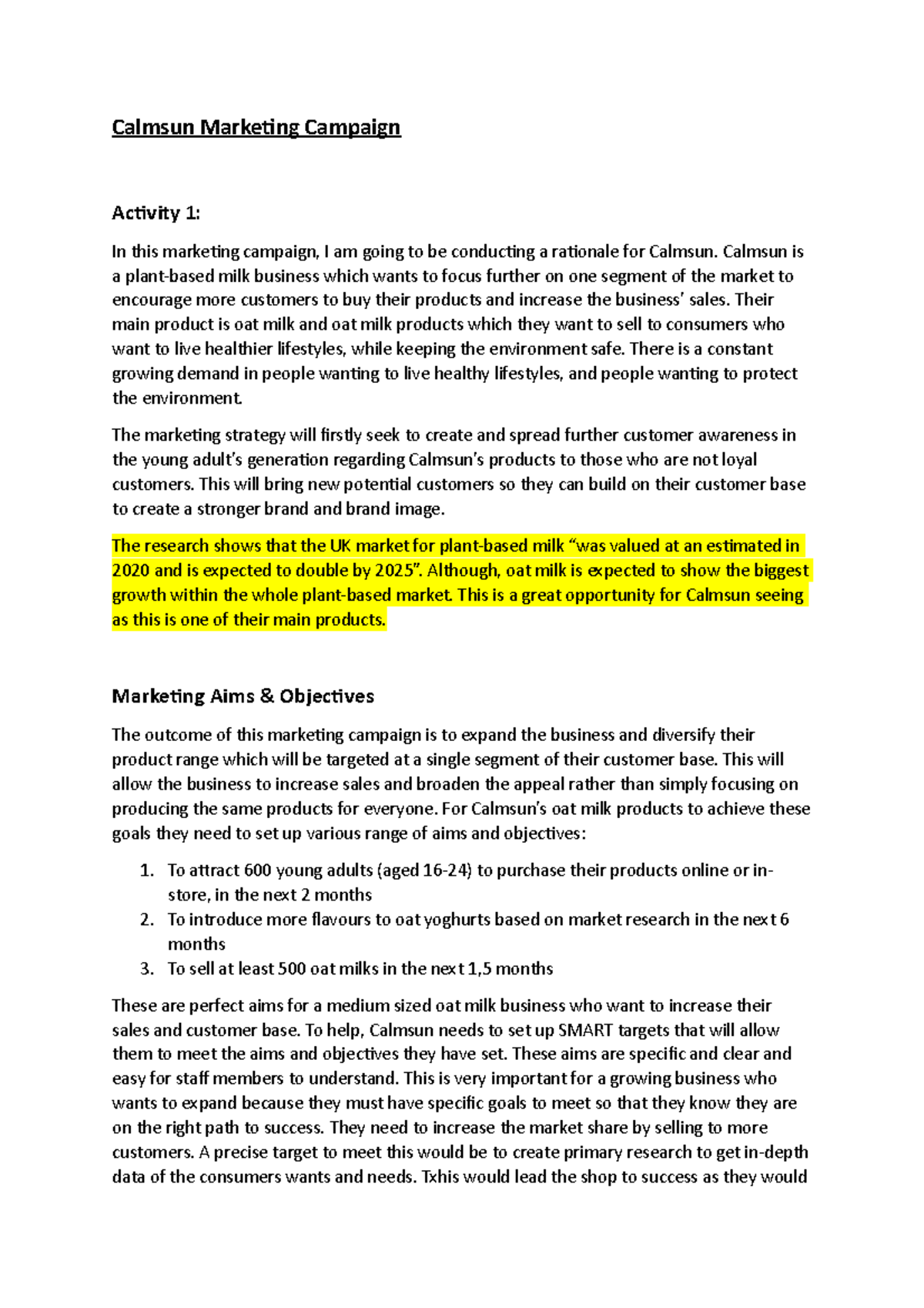 Calmsun Marketing Campaign Strategy Analysis and Objectives - Studocu