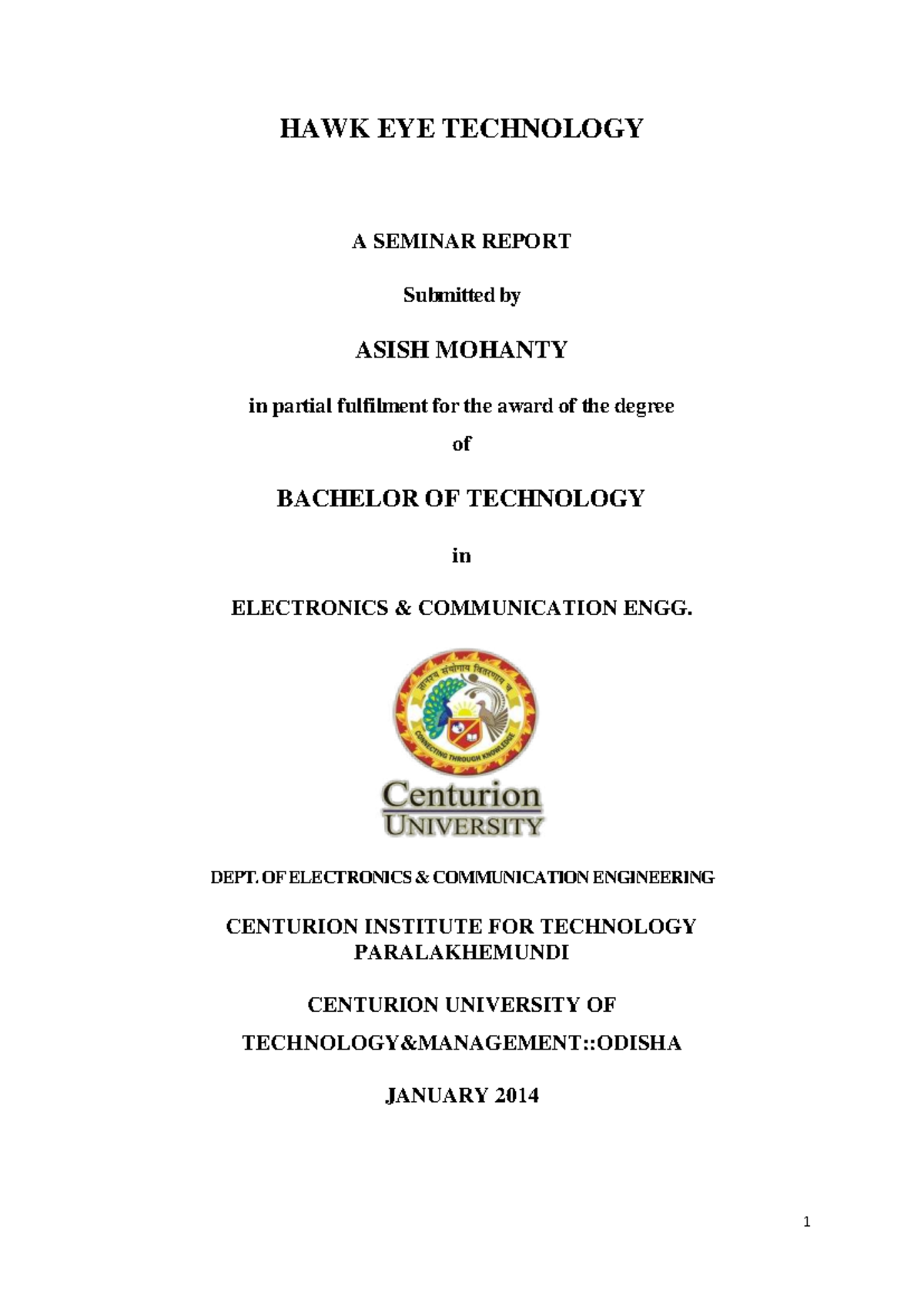 Seminar Report on Hawk Eye Technology - B.Tech in ECE - Studocu