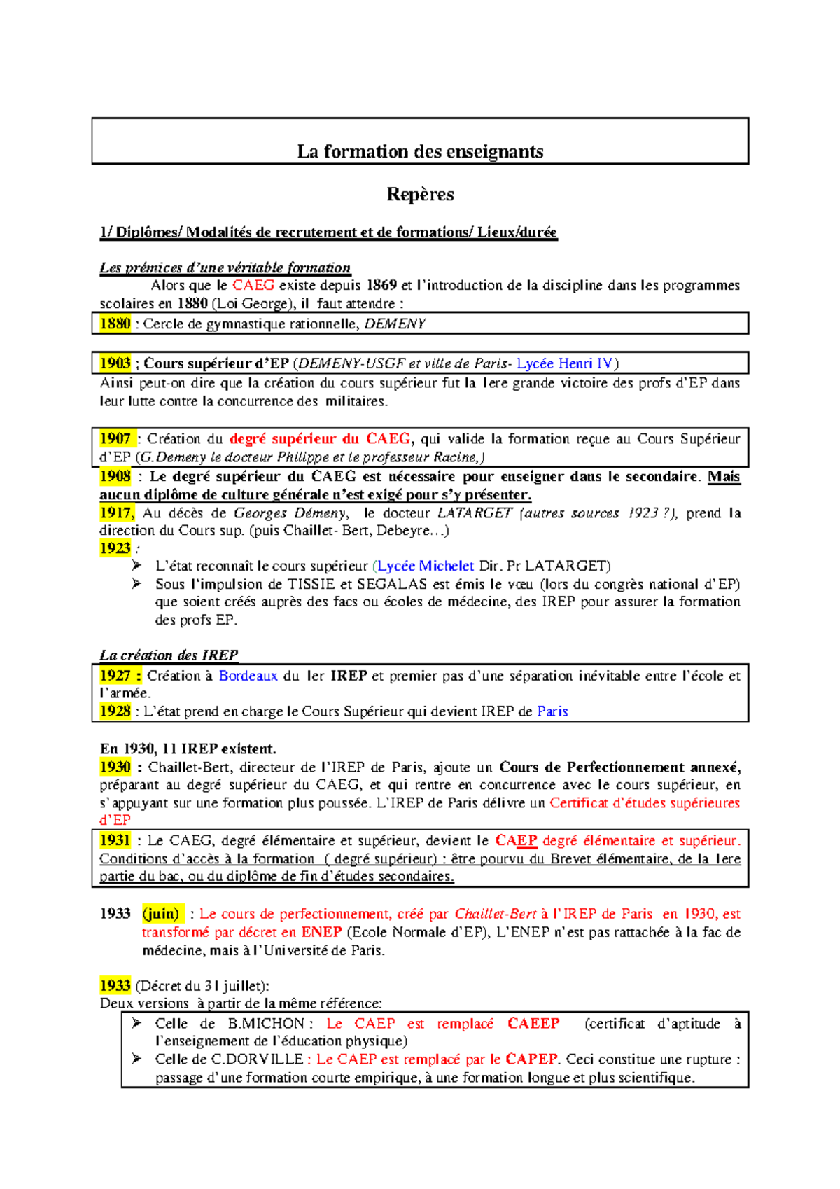 Fiche synthétique : La Formation des Enseignants en EPS (CM E1, CAPEPS ...
