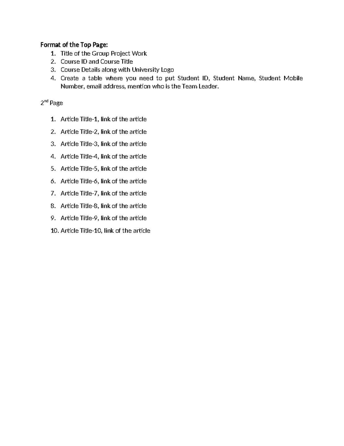 Assignment - 1 (Group Project) - Format of the Top Page: 1. Title of ...