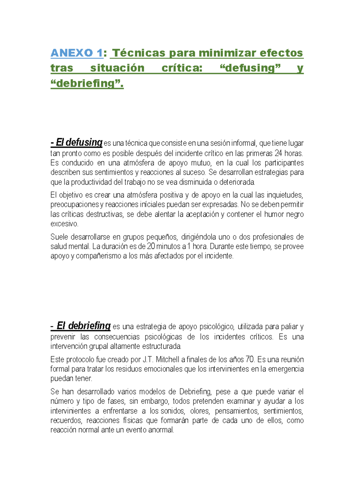 ANEXO 1: Técnicas de Defusing y Debriefing en Crisis - Studocu
