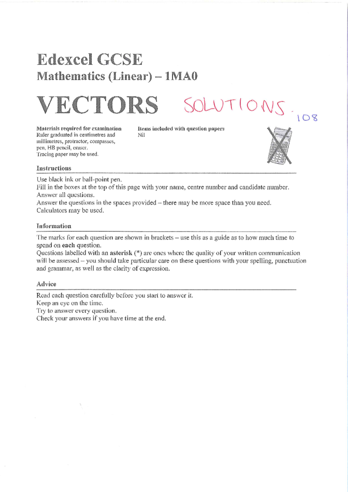 108 - Edexcel GCSE Maths: Vectors Solutions & Exam Instructions - Studocu