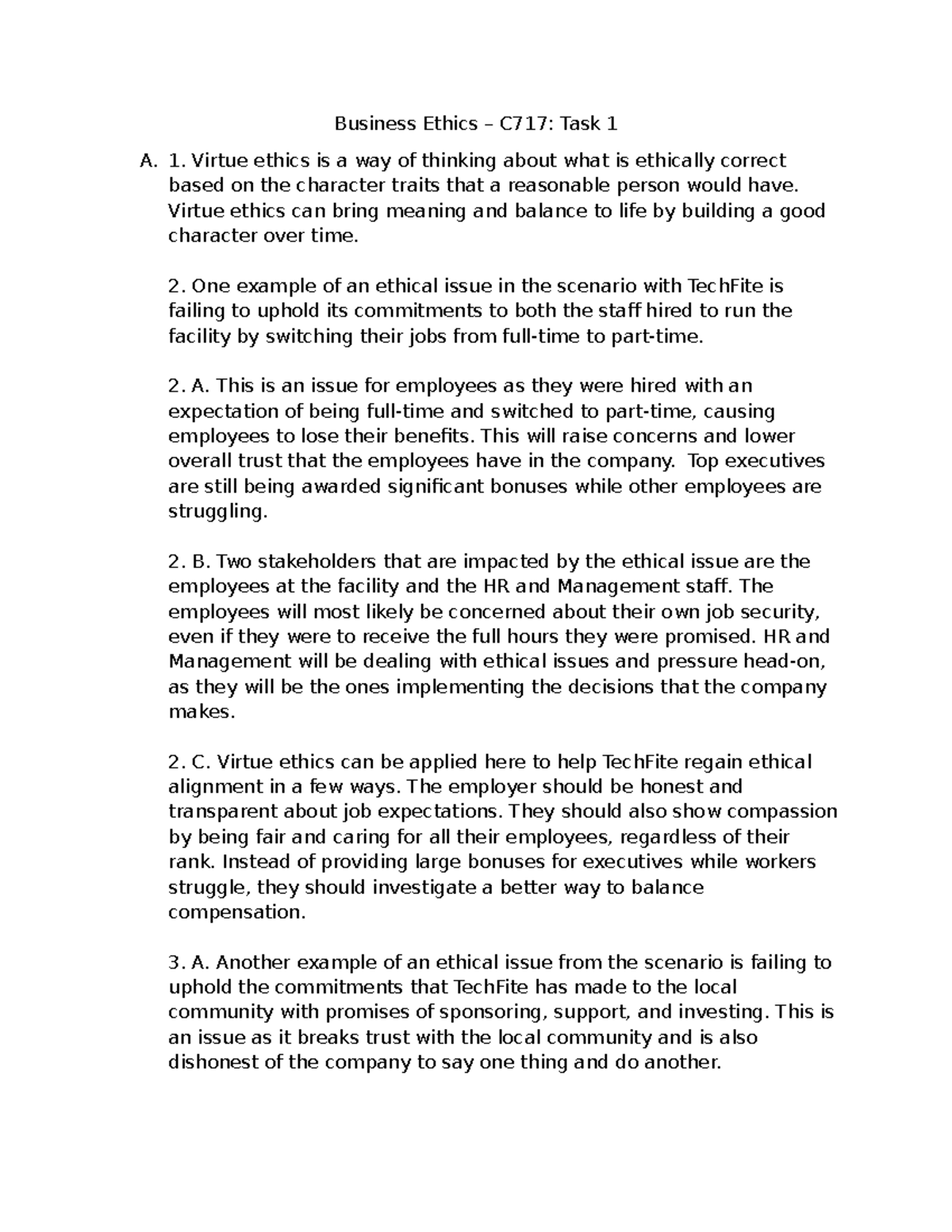 Business Ethics C717: Task 1 - Analyzing Virtue Ethics in TechFite ...