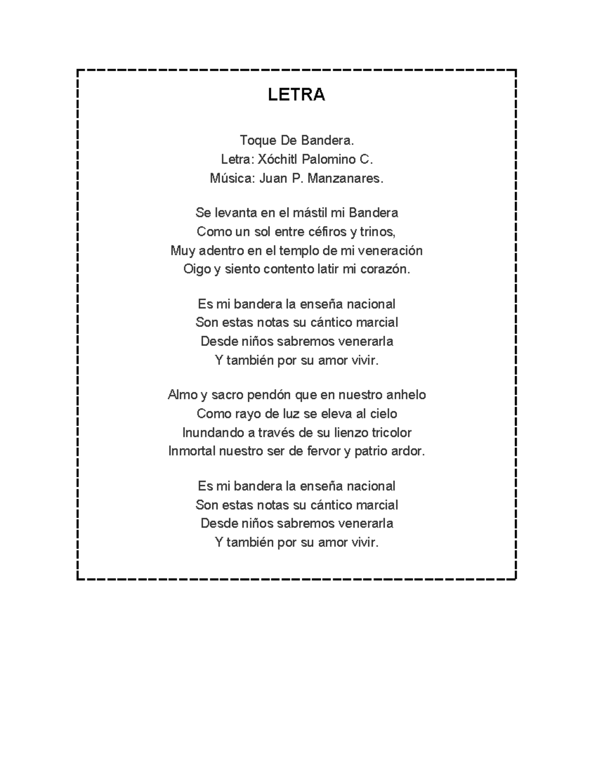 LETRA Toque de Bandera - Xóchitl Palomino C. y Juan P. Manzanares - Studocu