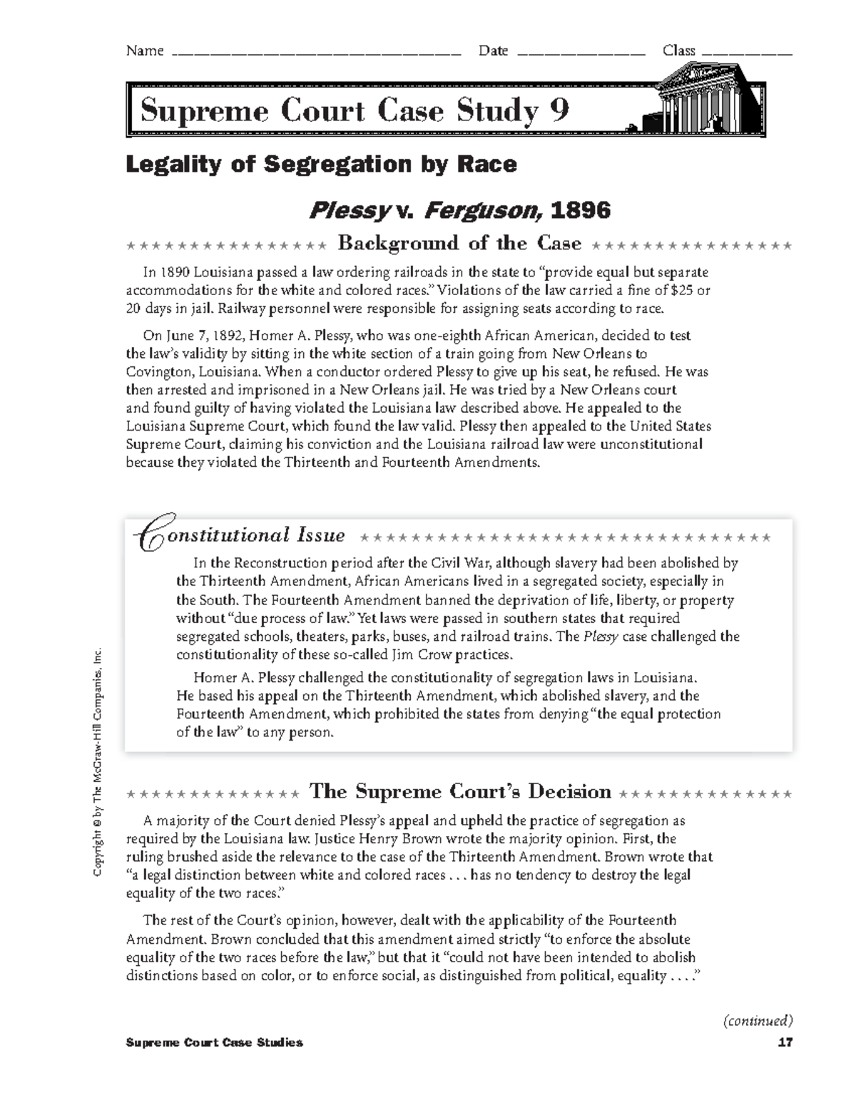 Supreme Court Case Study 9: Plessy v. Ferguson (1896) Analysis - Studocu