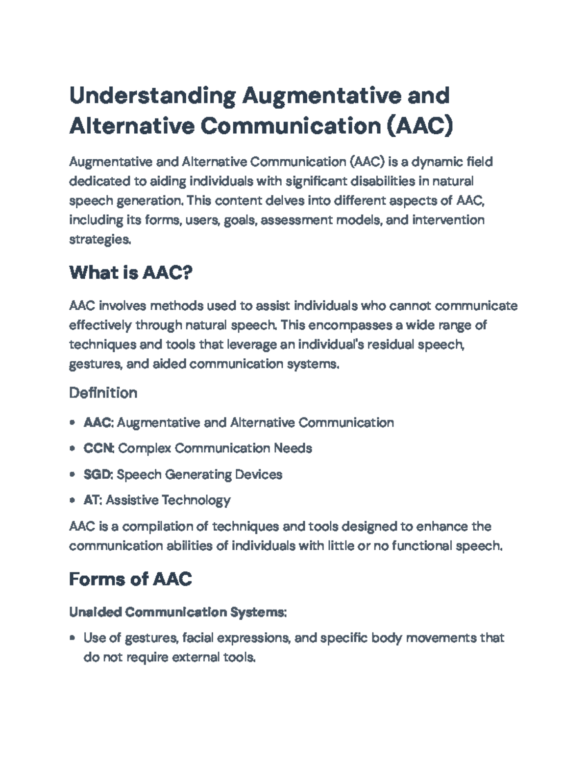 AAC Overview: Forms, Users, Goals, Assessment & Intervention Strategies ...