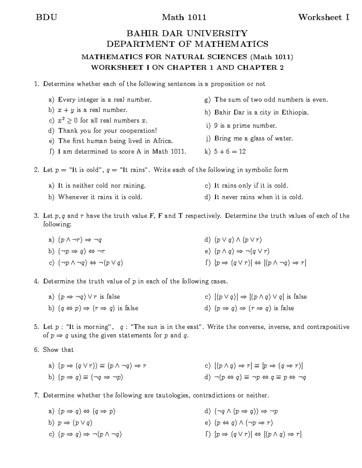 BDU Math 1011 Worksheet I: Propositions and Truth Values - Studocu