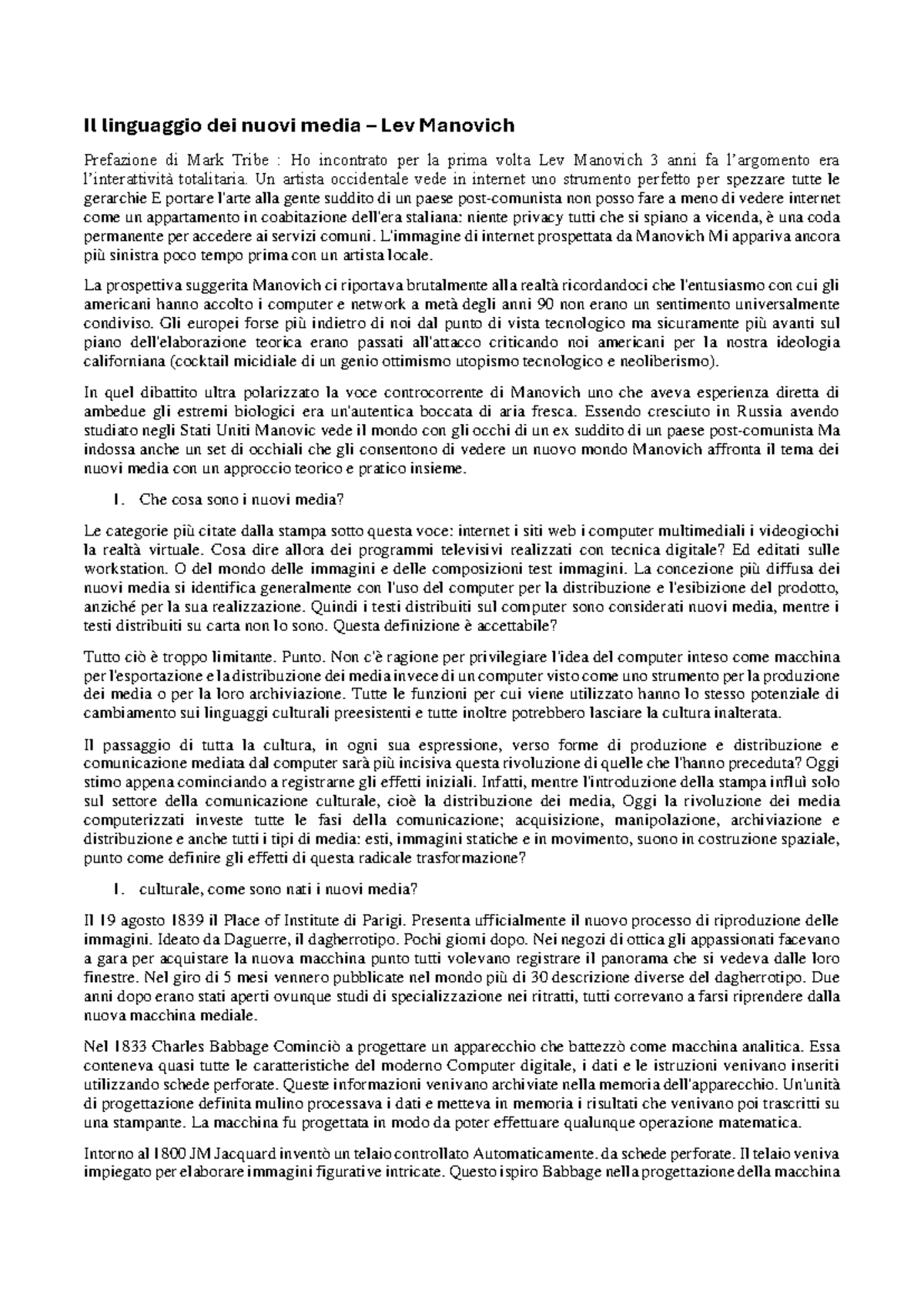 Linguaggio e Teoria dei Nuovi Media - Analisi di Lev Manovich - Studocu