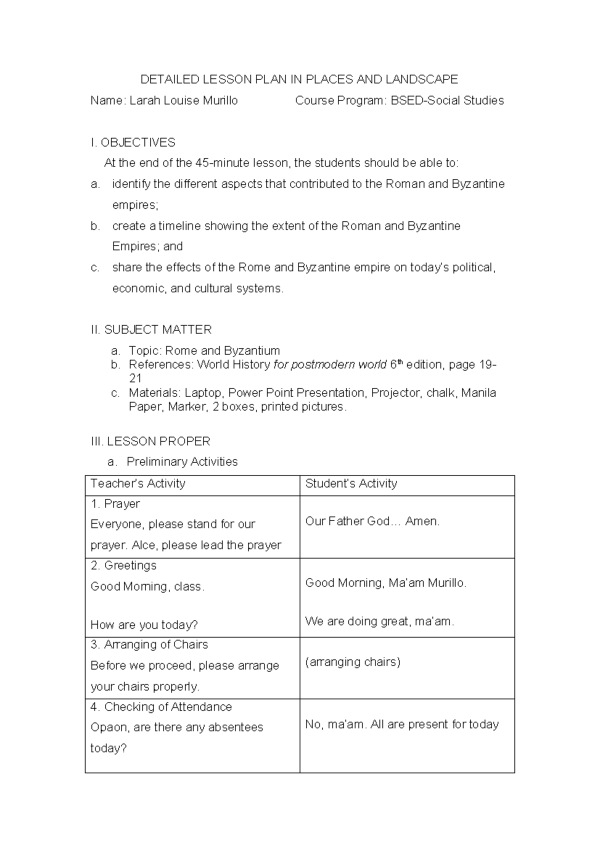 Detailed Lesson Plan in World History: Rome and Byzantium - Studocu