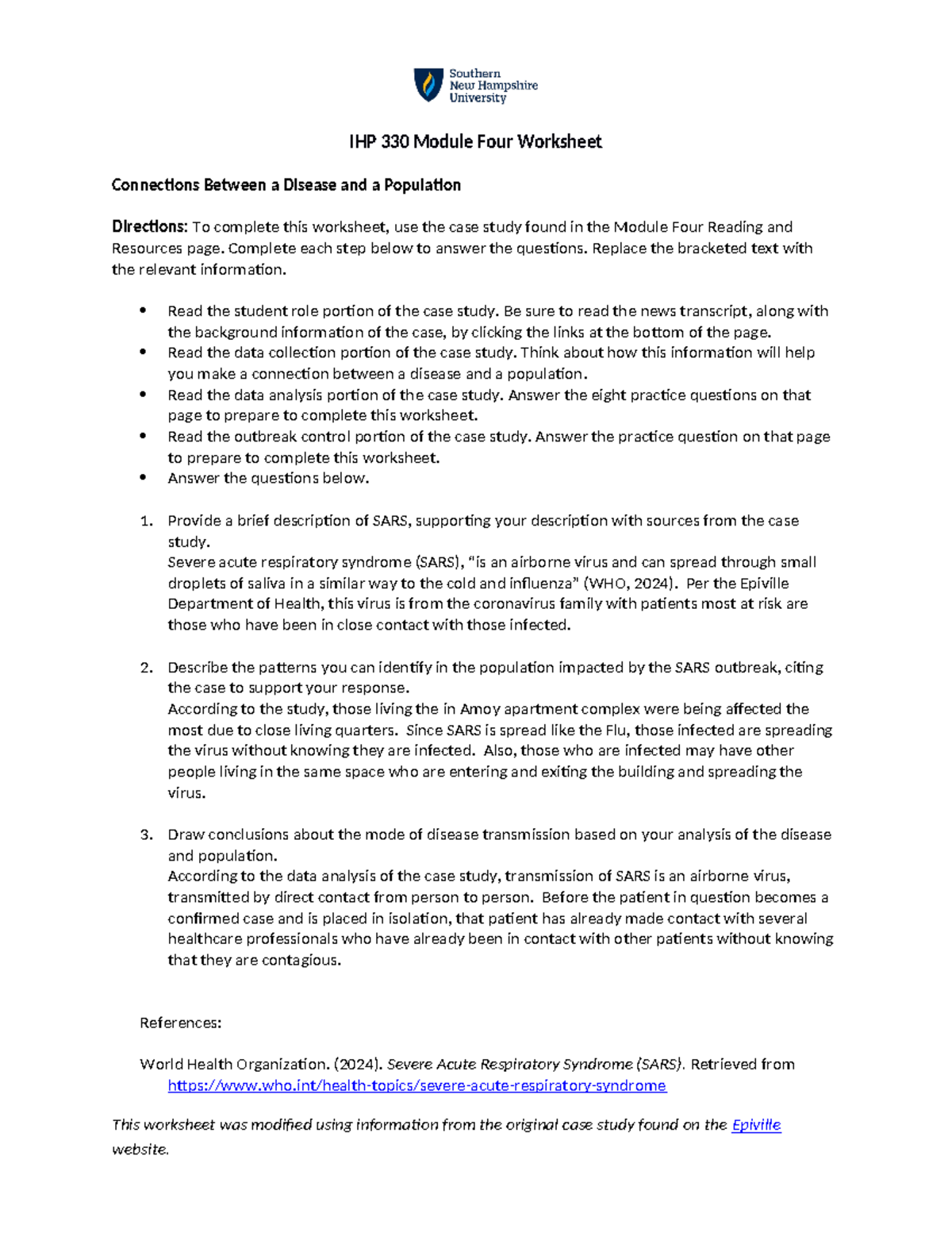 IHP 330 Module 4 Worksheet: Disease-Population Connections Analysis ...